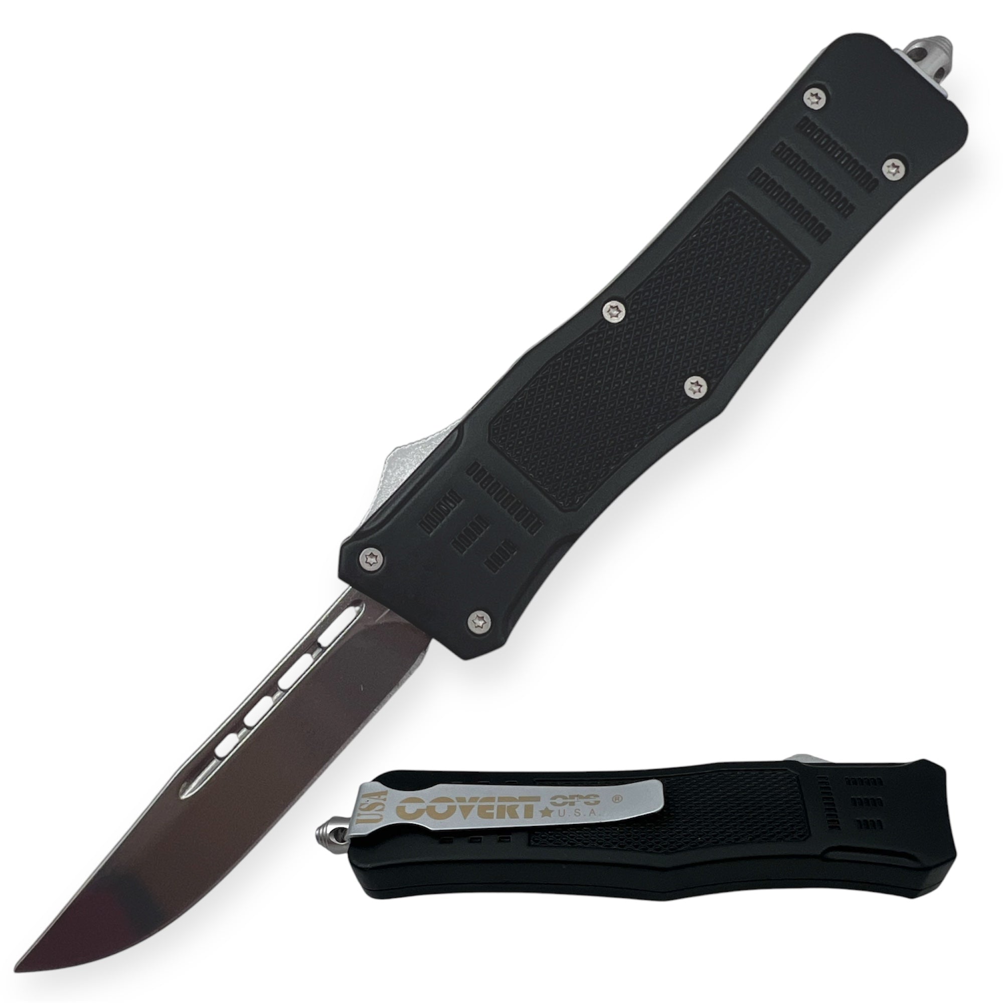 Covert Ops® OTF Automatic Knife 8 Inch Black Handle Drop Point Silver