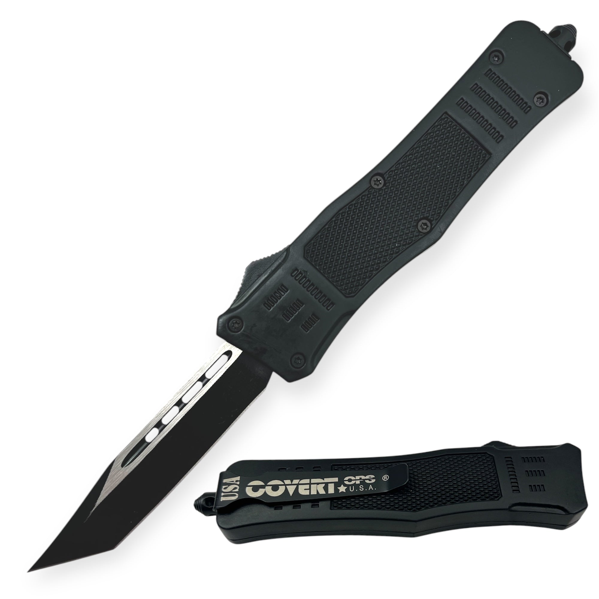 Covert Ops® OTF Automatic Knife 8 Inch Black Handle Tanto Blade